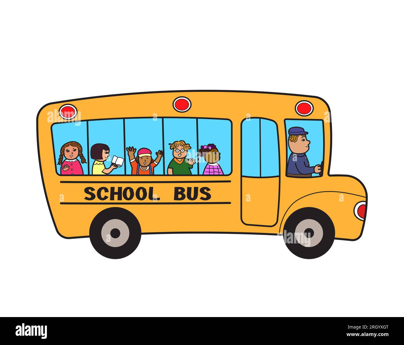 Yellow school bus with multi-ethnic group of happy young students and a ...