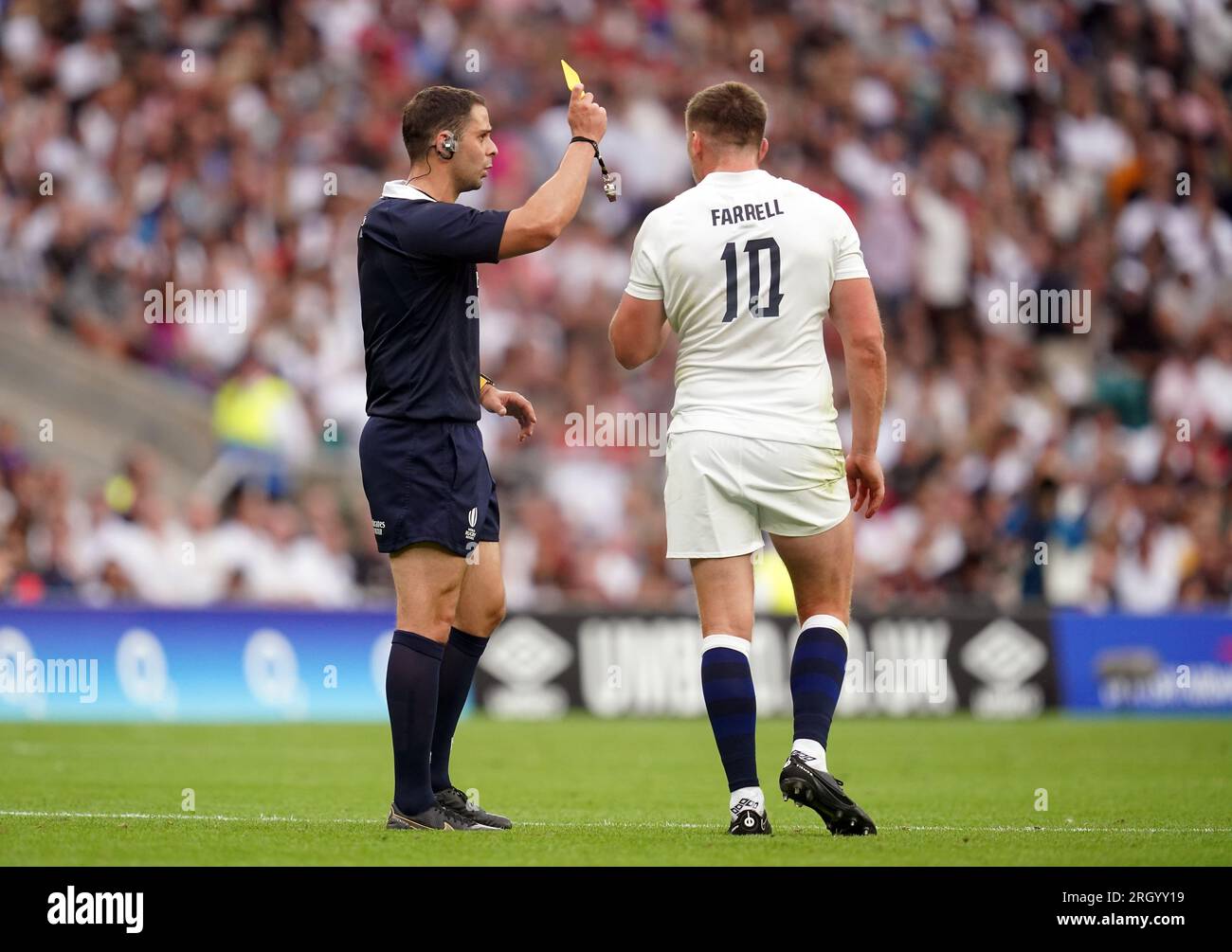 England's Owen Farrell is shown a yellow card by referee Nika Amashukeli during the Summer ...