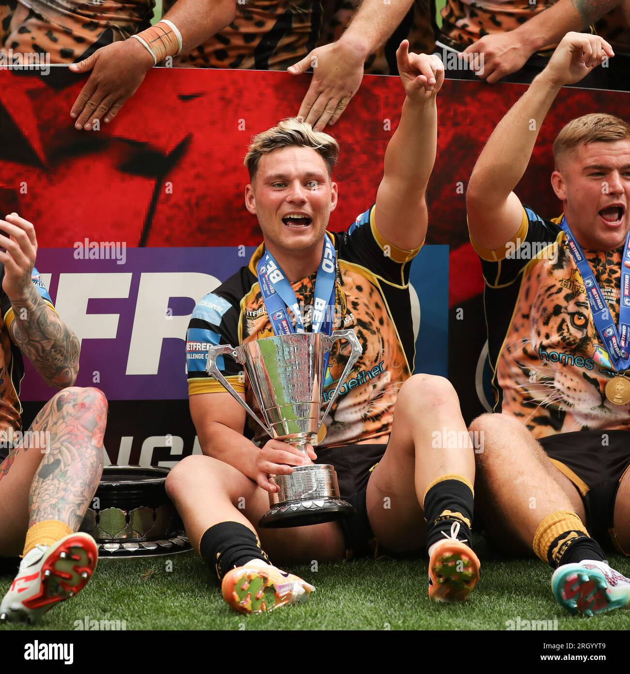 London, UK. 12th Aug, 2023. Lachlan Lam of Leigh Leopards celebrates ...