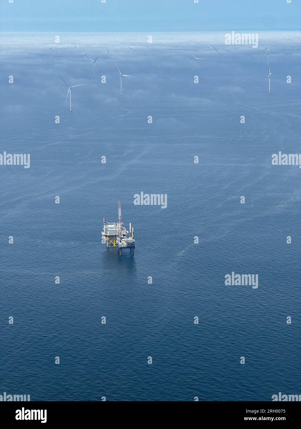 Offshore wind farm sub station, with Jack up barge situated in the ...