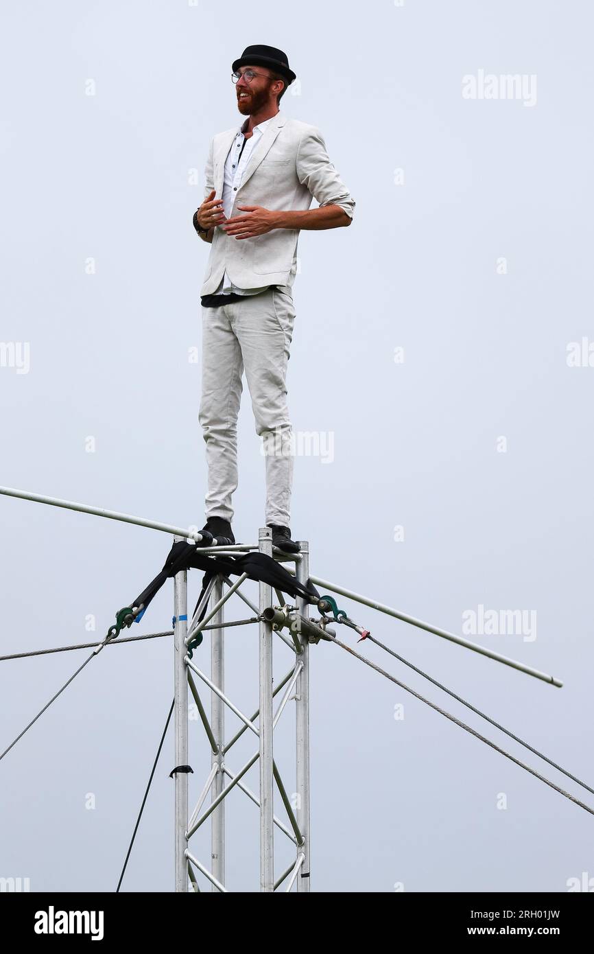 Carmarthen, UK. 12 August, 2023. Carmarthen-born high wire walker Ellis ...