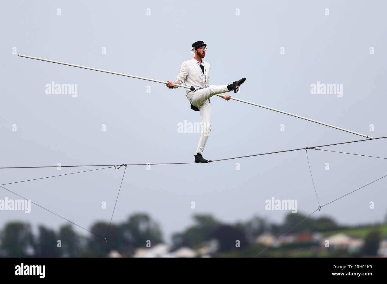 Carmarthen, UK. 12 August, 2023. Carmarthen-born high wire walker Ellis ...