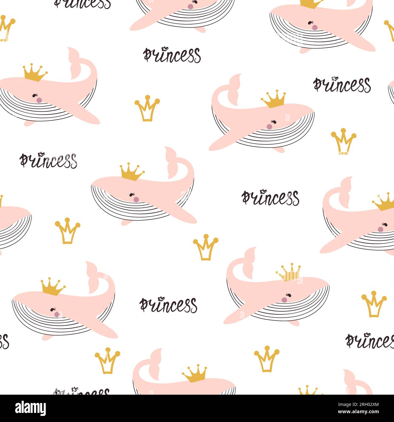 Seamless princess pattern. Baby print with cute pink whales Stock ...