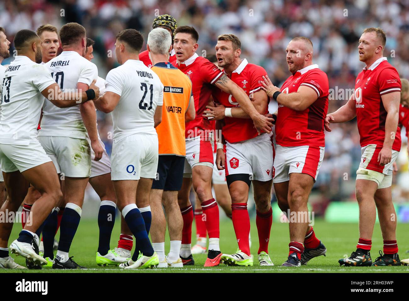 LONDON, UK - 12th Aug 2023: Dan Biggar of Wales reacts angrily to Owen Farrell of England after ...