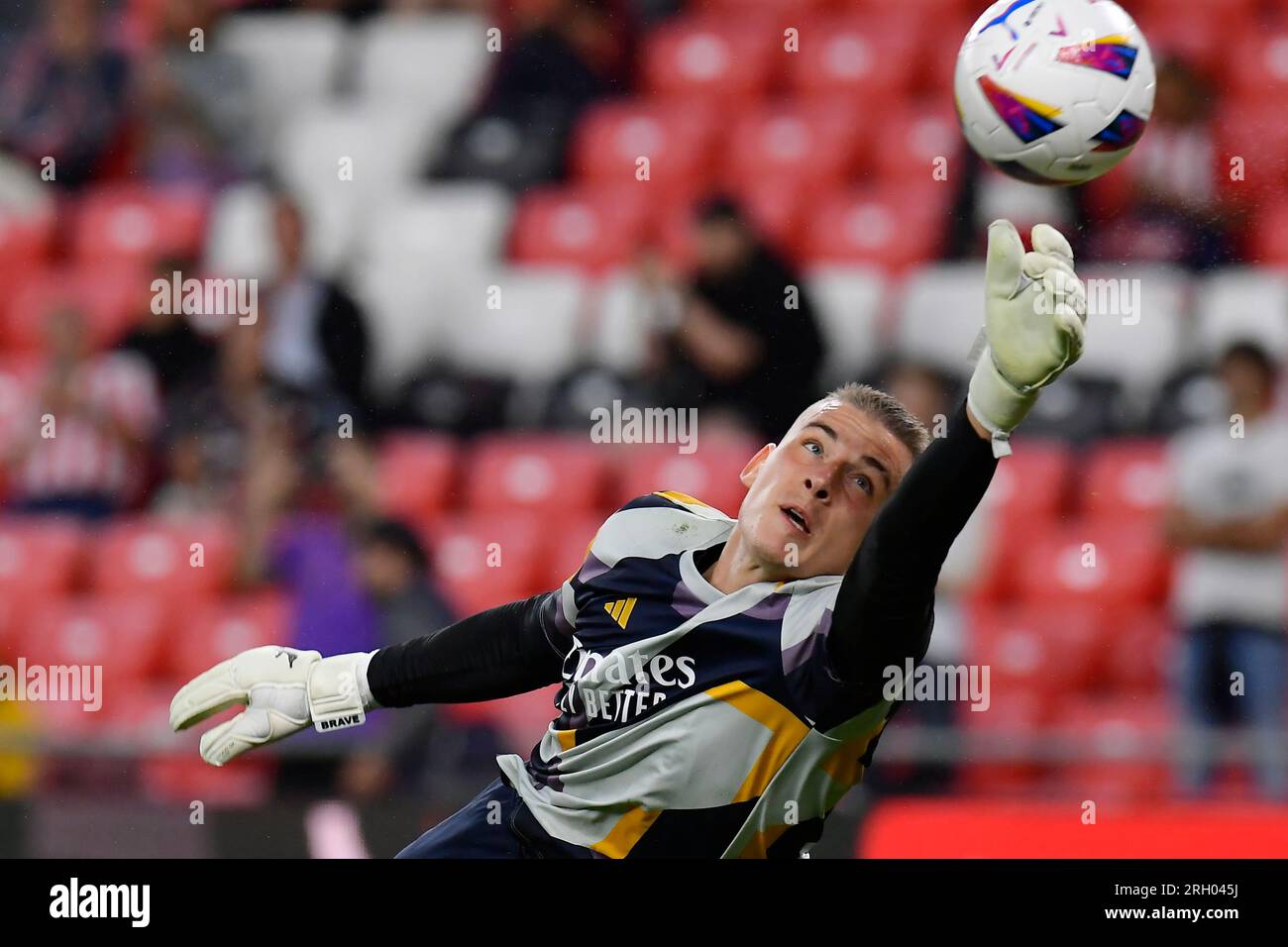 Real Madrid's goalkeeper Andriy Lunin warms up prior the Spanish La ...