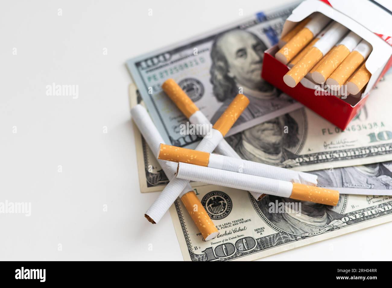 Smoking and money cost. Cigarettes on hundred dollar banknotes ...