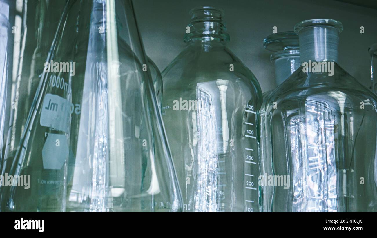Glassware in a lab, beakers, flasks, and test tubes Stock Photo - Alamy