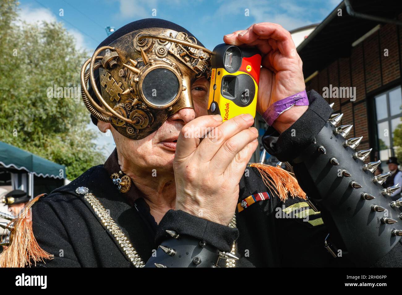 Henrichenburg, Waltrop, Germany. 12th Aug, 2023. A steampunk fan tries ...