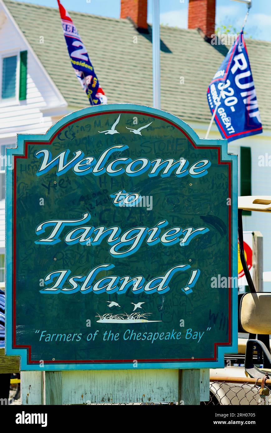 Tangier Island, Virginia, USA - June 21, 2020: A sign welcomes visitors ...