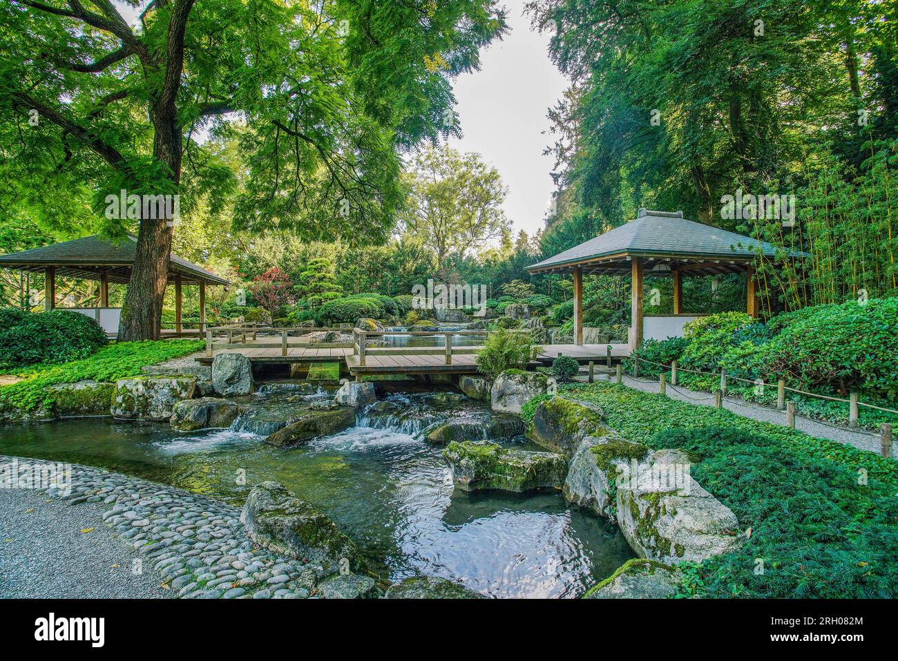 Awe view on japanese garden with cascade of waterfalls and wooden ...