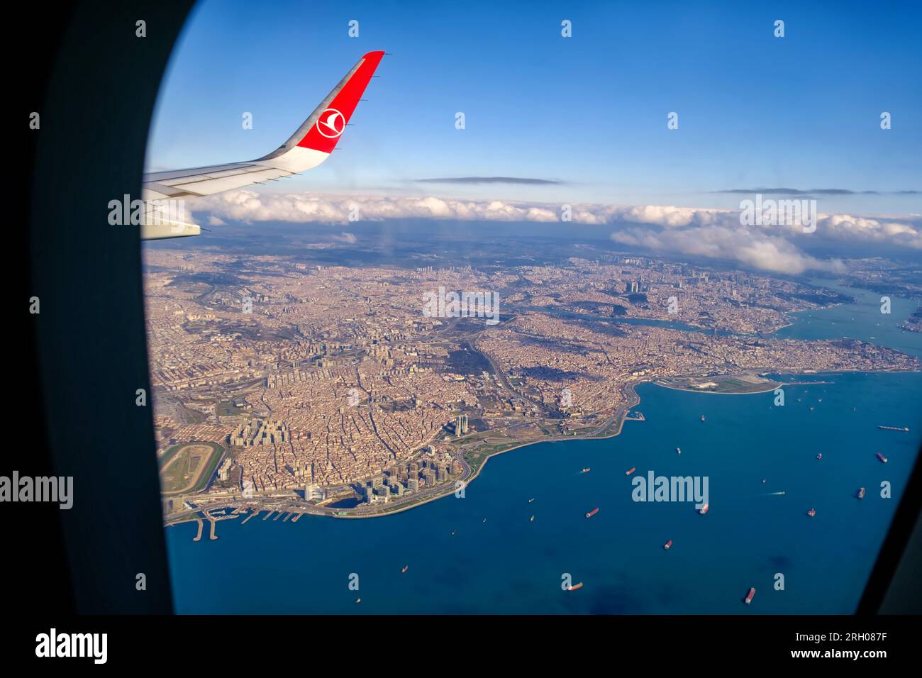 Looking through window aircraft Turkish airlines during flight over ...