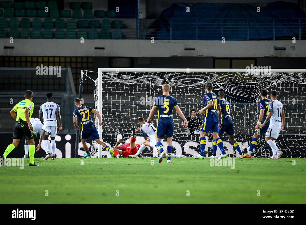 Verona, Italy. 12th Aug, 2023. Verona's Pawel Dawidowicz scores a goal ...