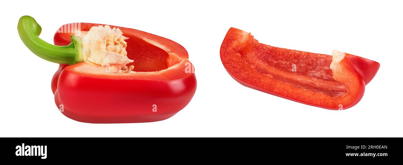 red sweet bell pepper half isolated on white background with full depth ...