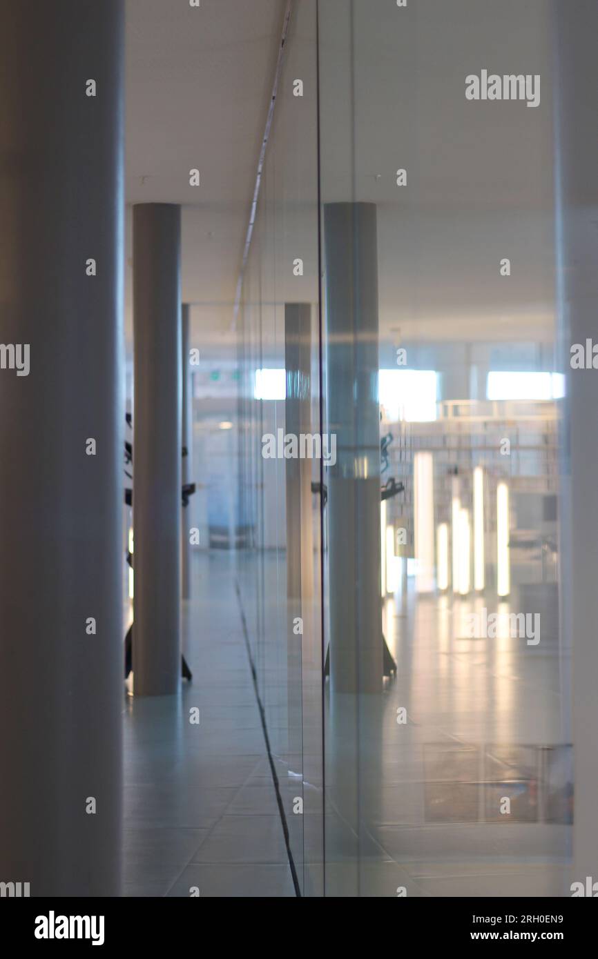 Corridor, column, reflections, lighting with tubes of light. Image of a ...