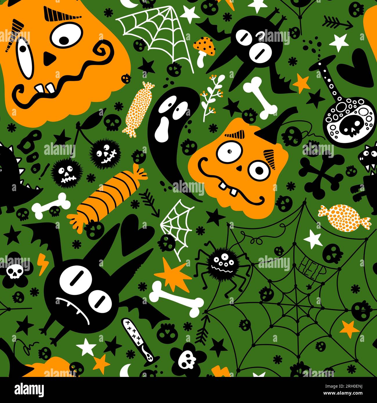Halloween cartoon pumpkins seamless bat and ghost and candy and web ...