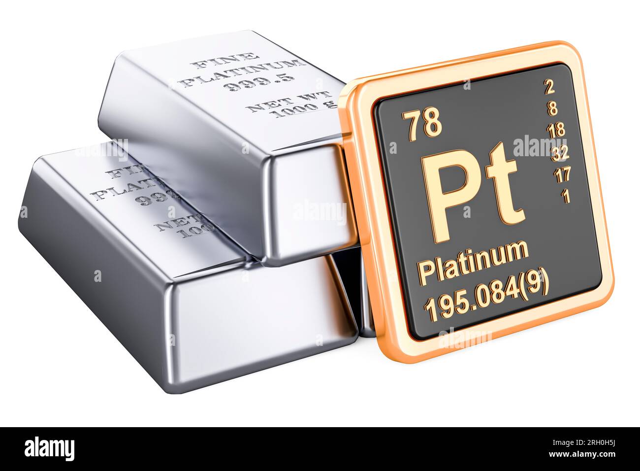 Platinum ingots with chemical element icon Platinum Pt, 3D rendering ...