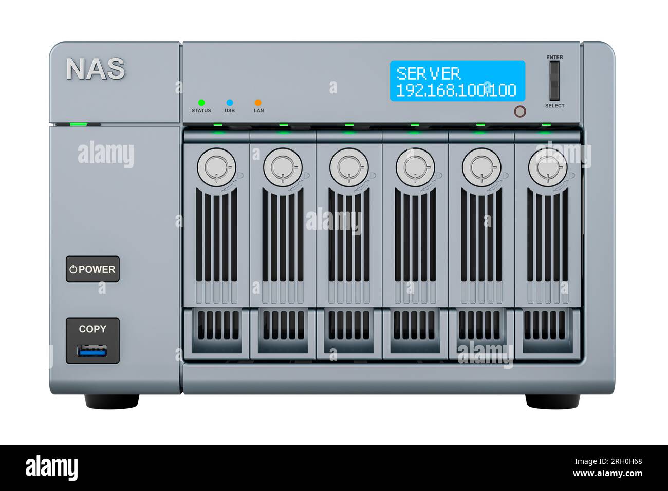 NAS with six disks, front view. 3D rendering isolated on white ...