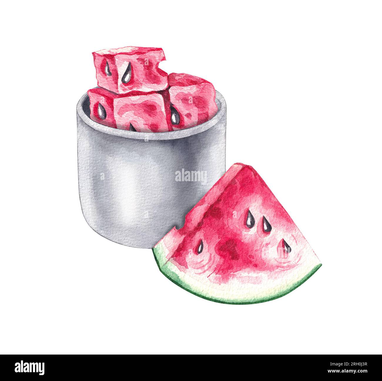 Watercolor hand drawn bowl filled with watermelon cubes and a slice of ...