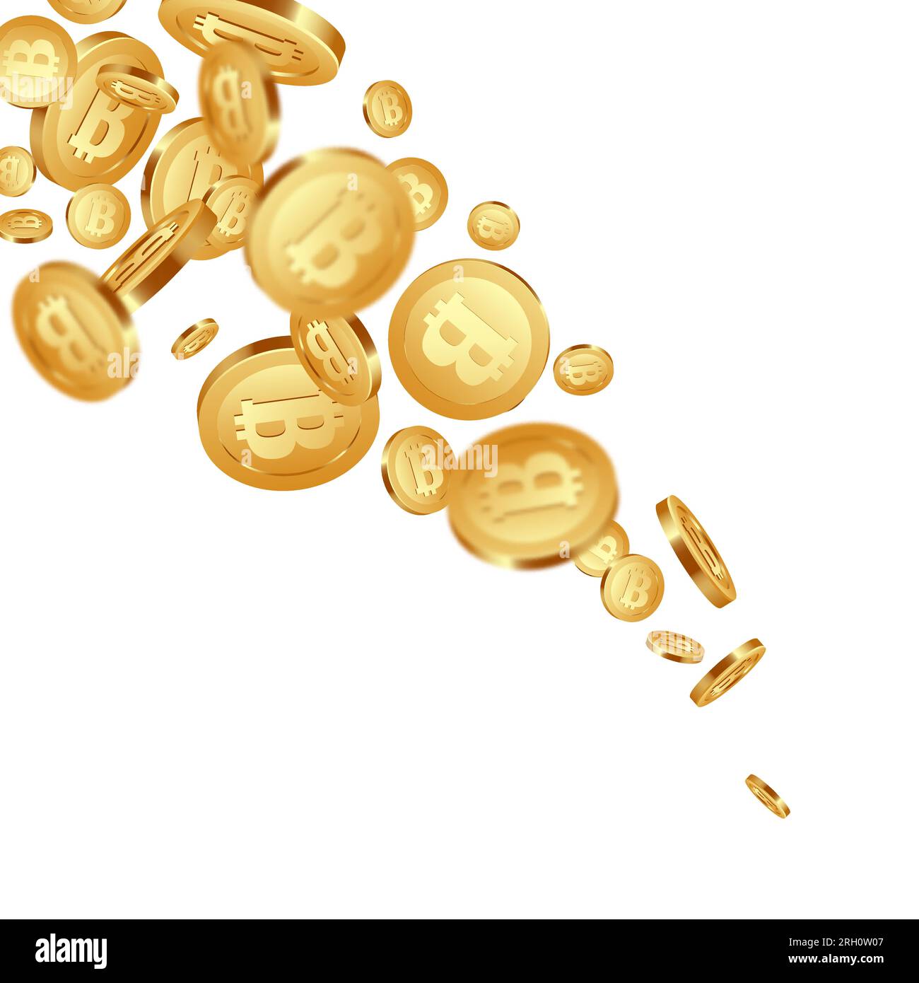 3d realistic falling golden metallic bitcoins, cryptocurrency sign ...