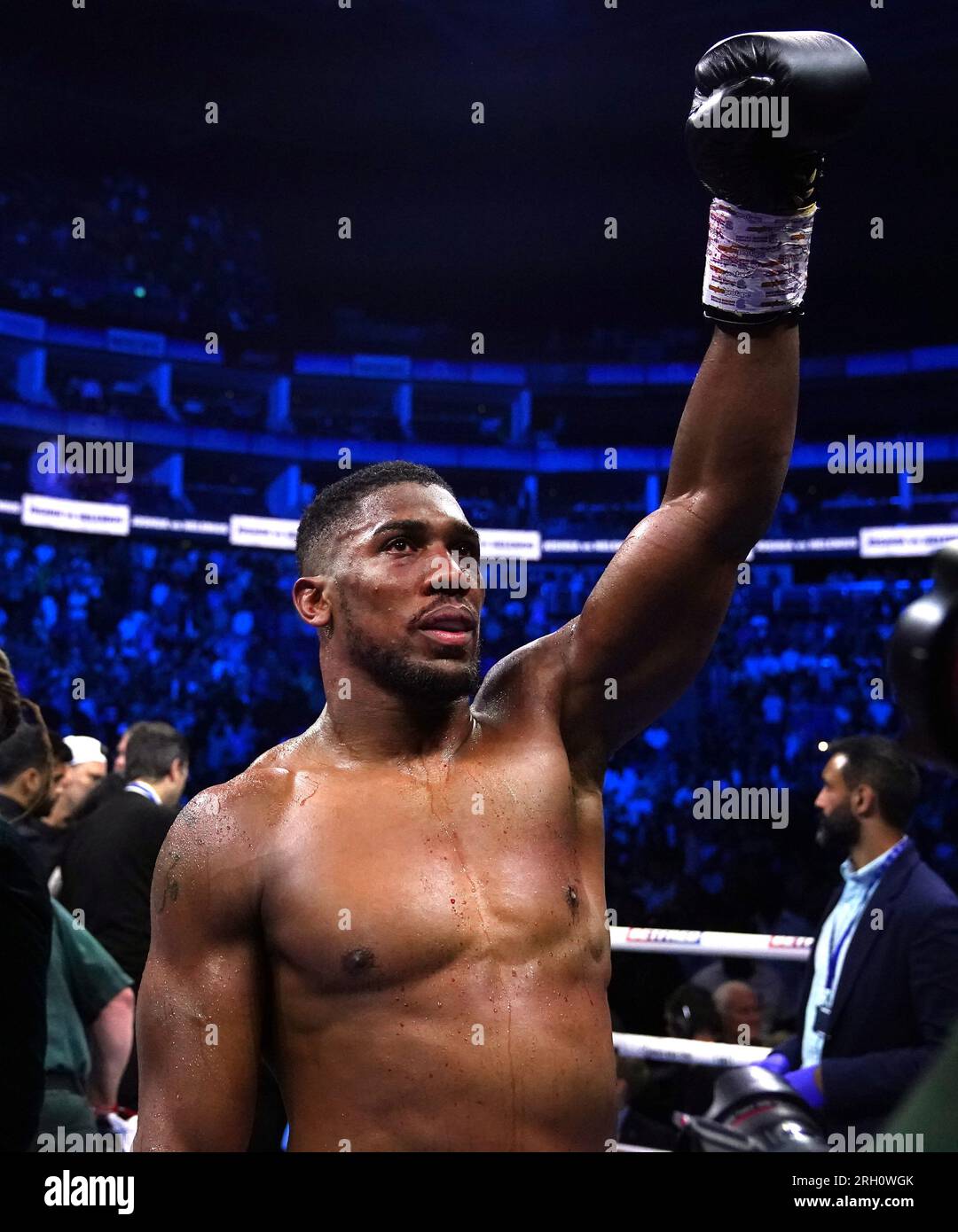 Anthony Joshua celebrates after victory in the International ...