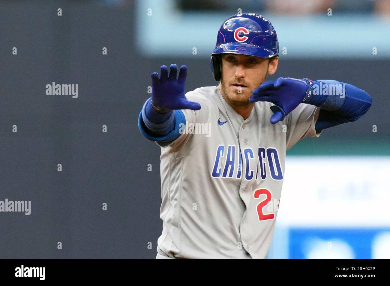 Chicago Cubs' Cody Bellinger celebrates after hitting a double off ...