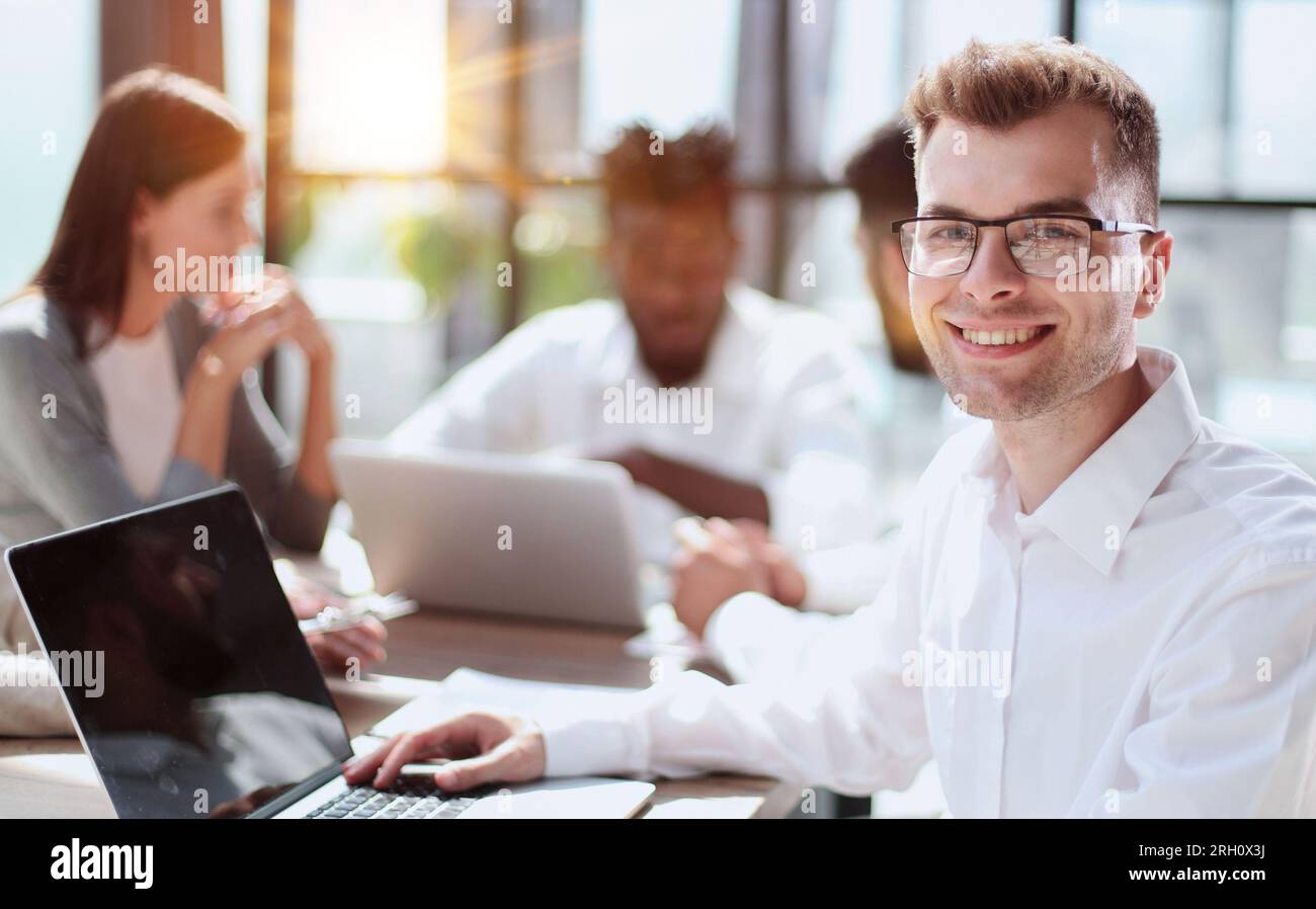 Smiling professional business leaders and employees group team portrait ...
