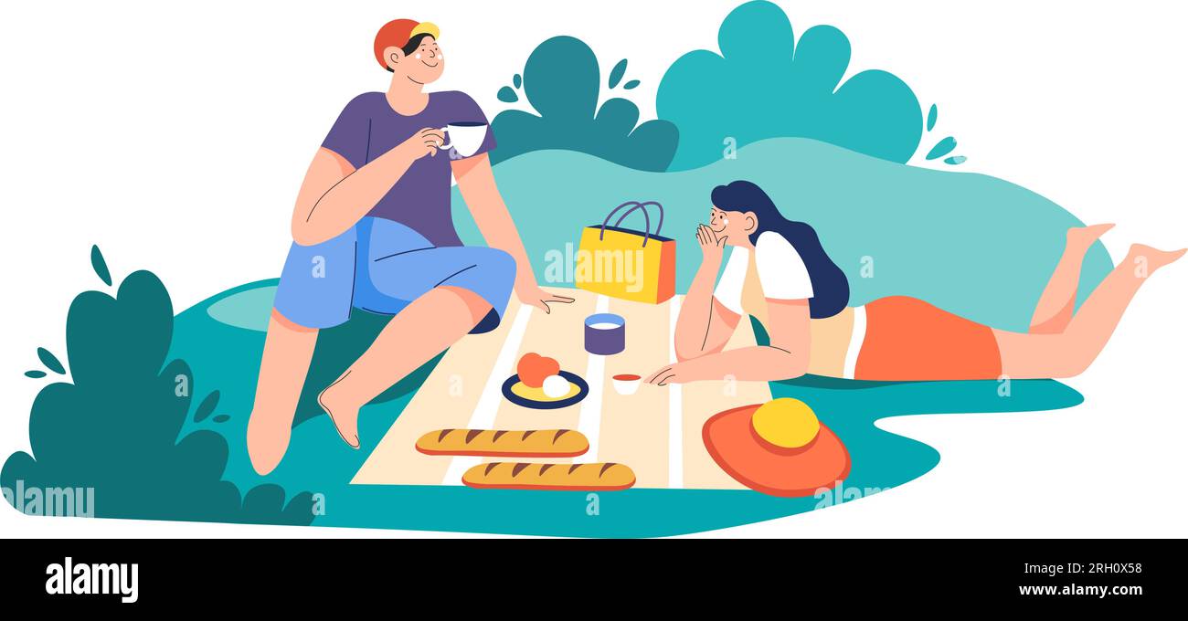 Couple on picnic enjoying food and company vector Stock Vector Image ...