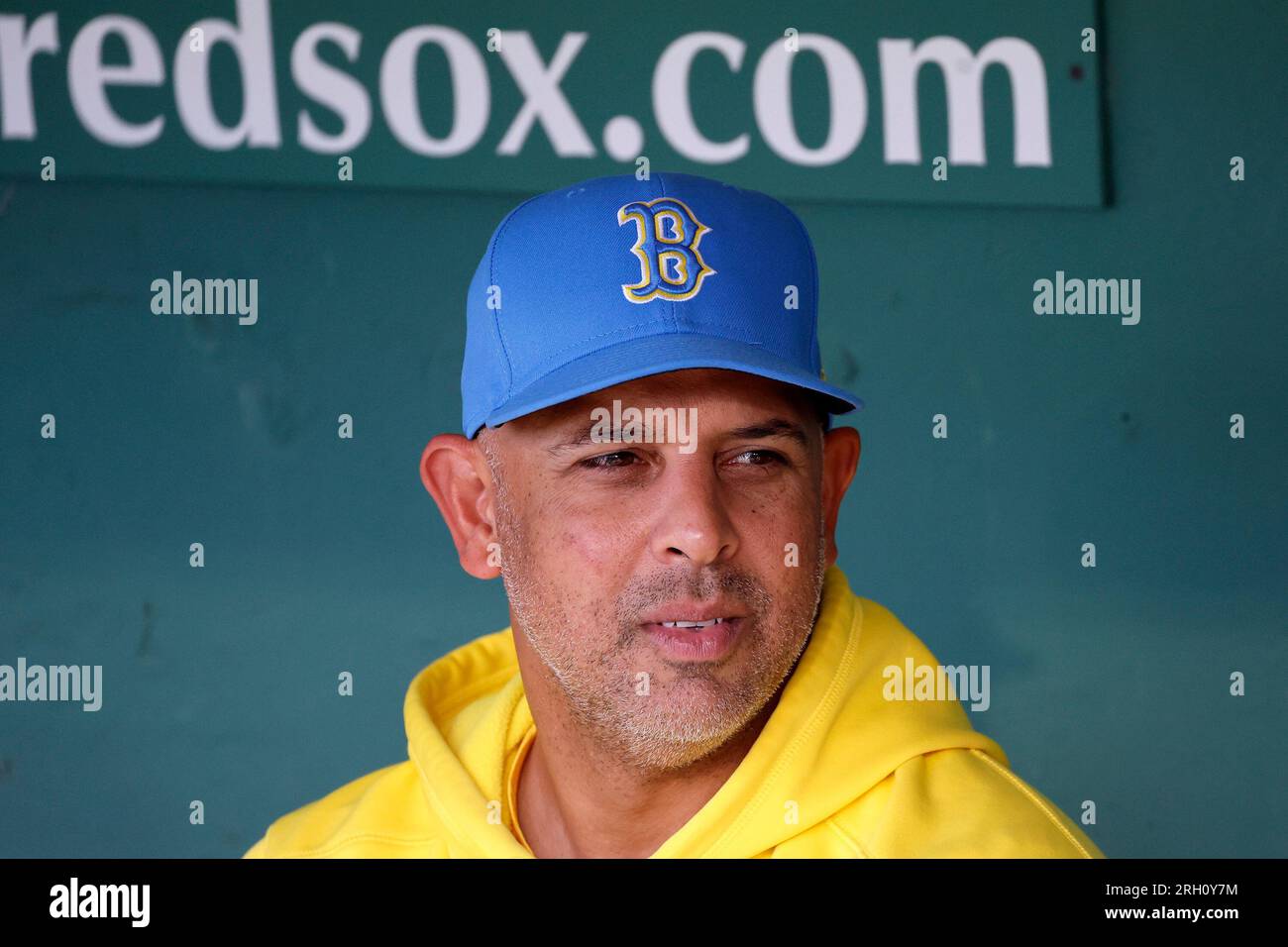 Boston Red Sox manager Alex Cora (13) looks out from the dugout before ...