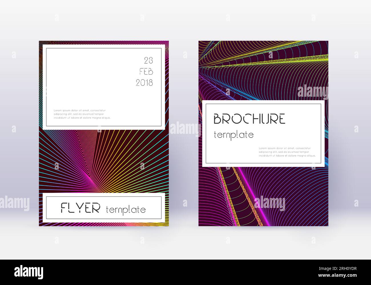 Stylish cover design template set. Rainbow abstract lines on wine red ...