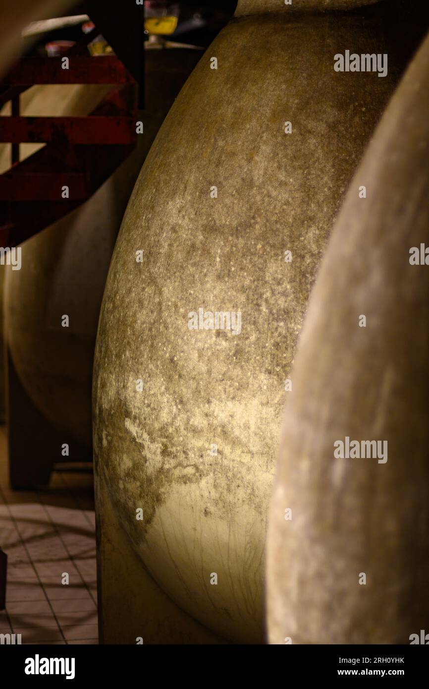 Concrete tanks eggs for fermentation process. Visit of undergrounds ...