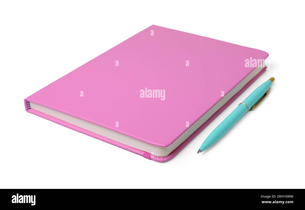 Closed pink office notebook and pen on white background Stock Photo - Alamy