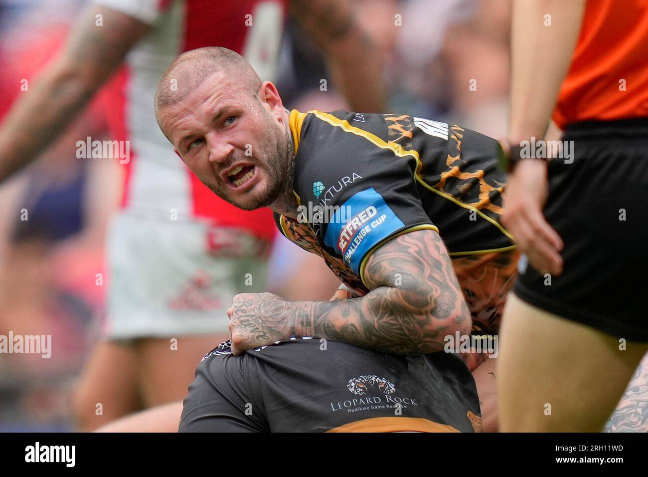Zak Hardaker #1 of Leigh Leopards reacts during the Betfred Challenge ...