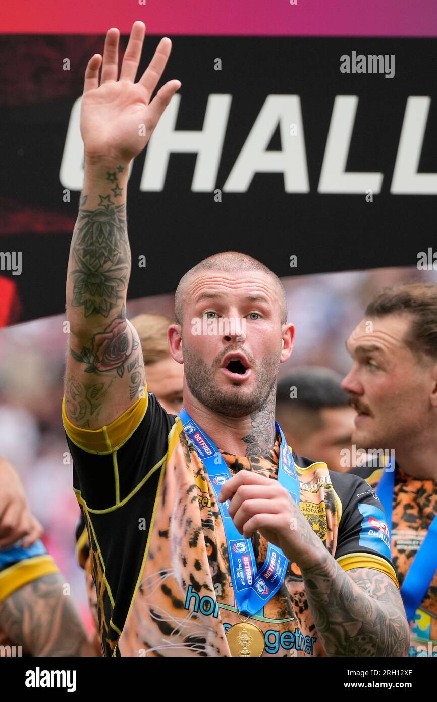 Zak Hardaker #1 of Leigh Leopards gestures after the Betfred Challenge ...