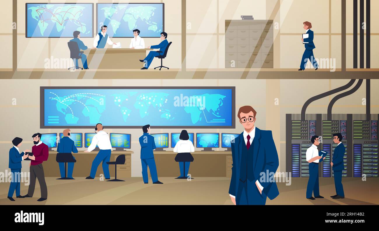 Control room. Military command center. Mission management. Employees in ...