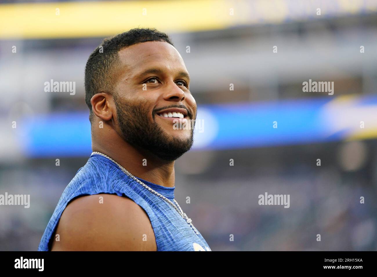 Los Angeles Rams defensive tackle Aaron Donald smiles on the sideline ...