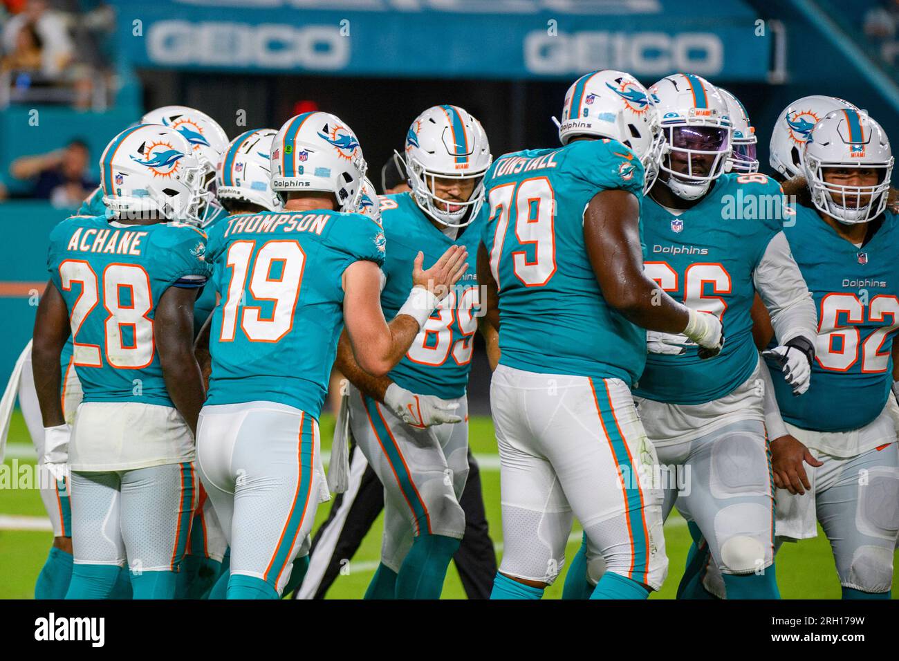 Miami Dolphins quarterback Skylar Thompson (19) calls a play in the ...