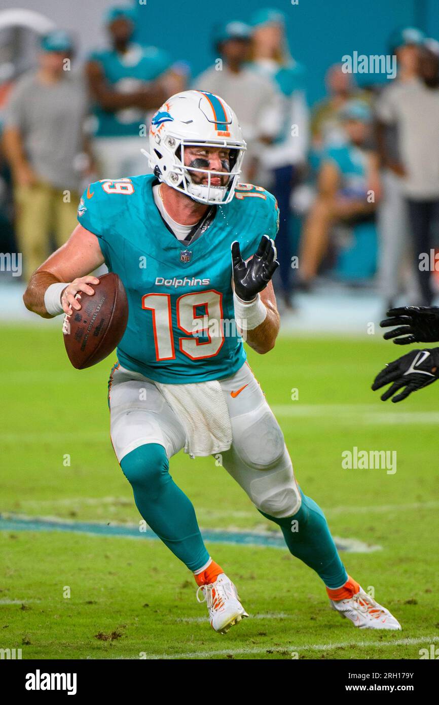 Miami Dolphins quarterback Skylar Thompson (19) looks to throw the ball ...