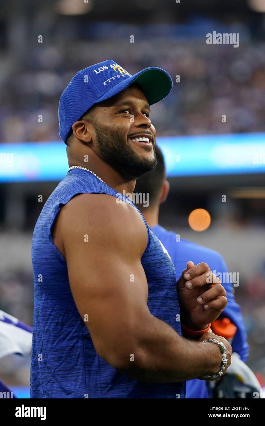 Los Angeles Rams defensive tackle Aaron Donald smiles on the sideline ...