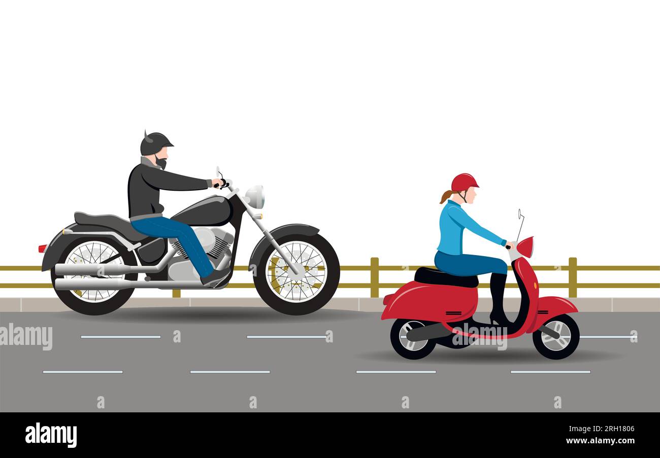 A motorcyclist rides a motorcycle, and a girl rides a scooter on an ...