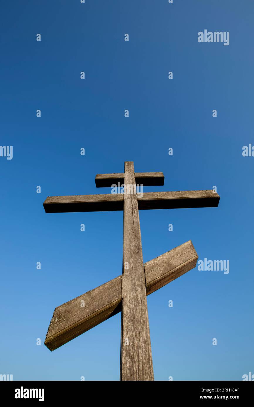 religious orthodox cross made of wood in nature, orthodox Christian ...