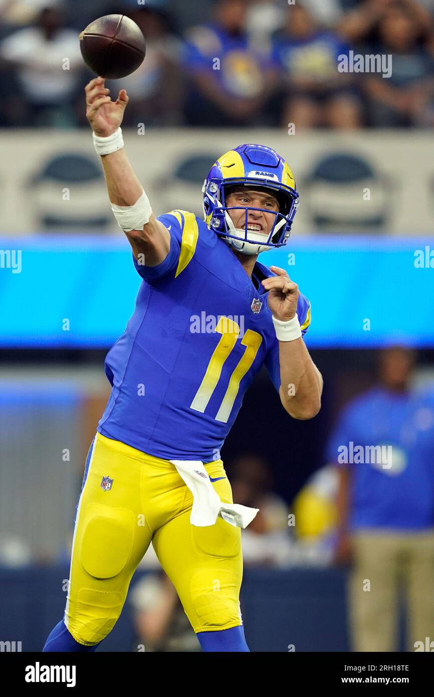 Los Angeles Rams quarterback Brett Rypien throws against the Los ...