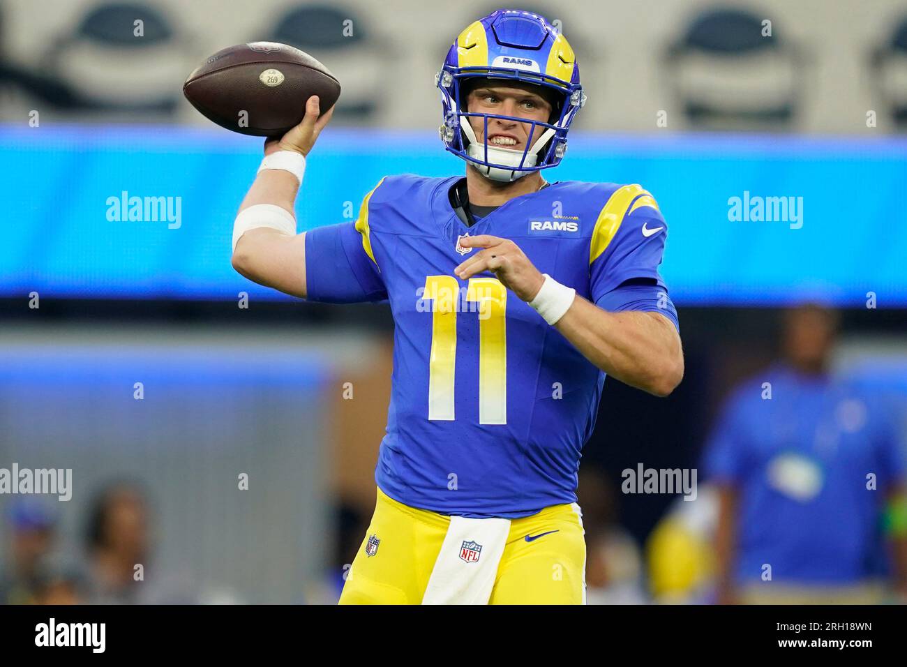 Los Angeles Rams quarterback Brett Rypien throws against the Los ...