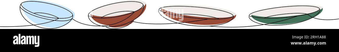 Set of porcelain ceramic plates one line colored continuous drawing ...