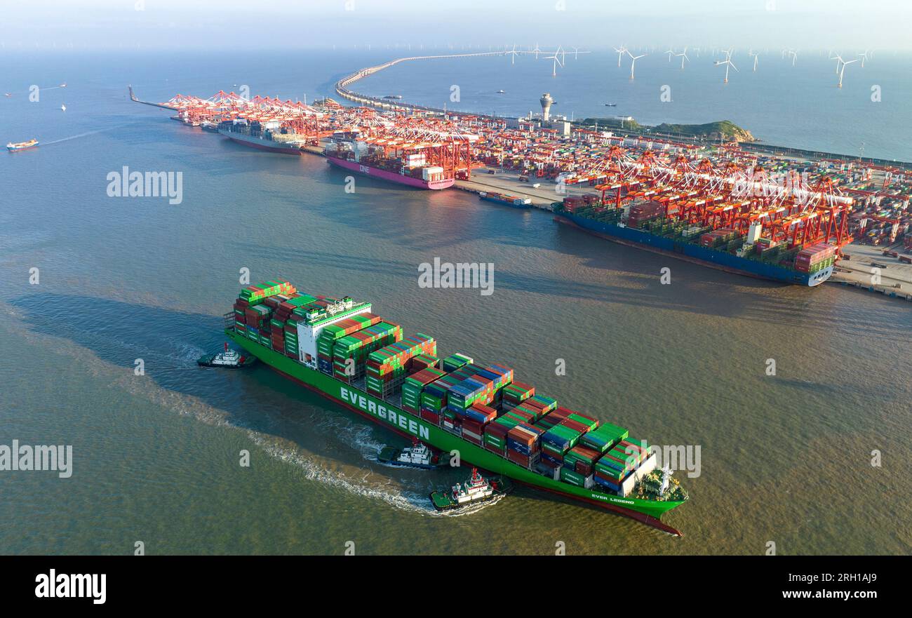 SHANGHAI, CHINA - AUGUST 13, 2023 - A very large container ship loaded ...