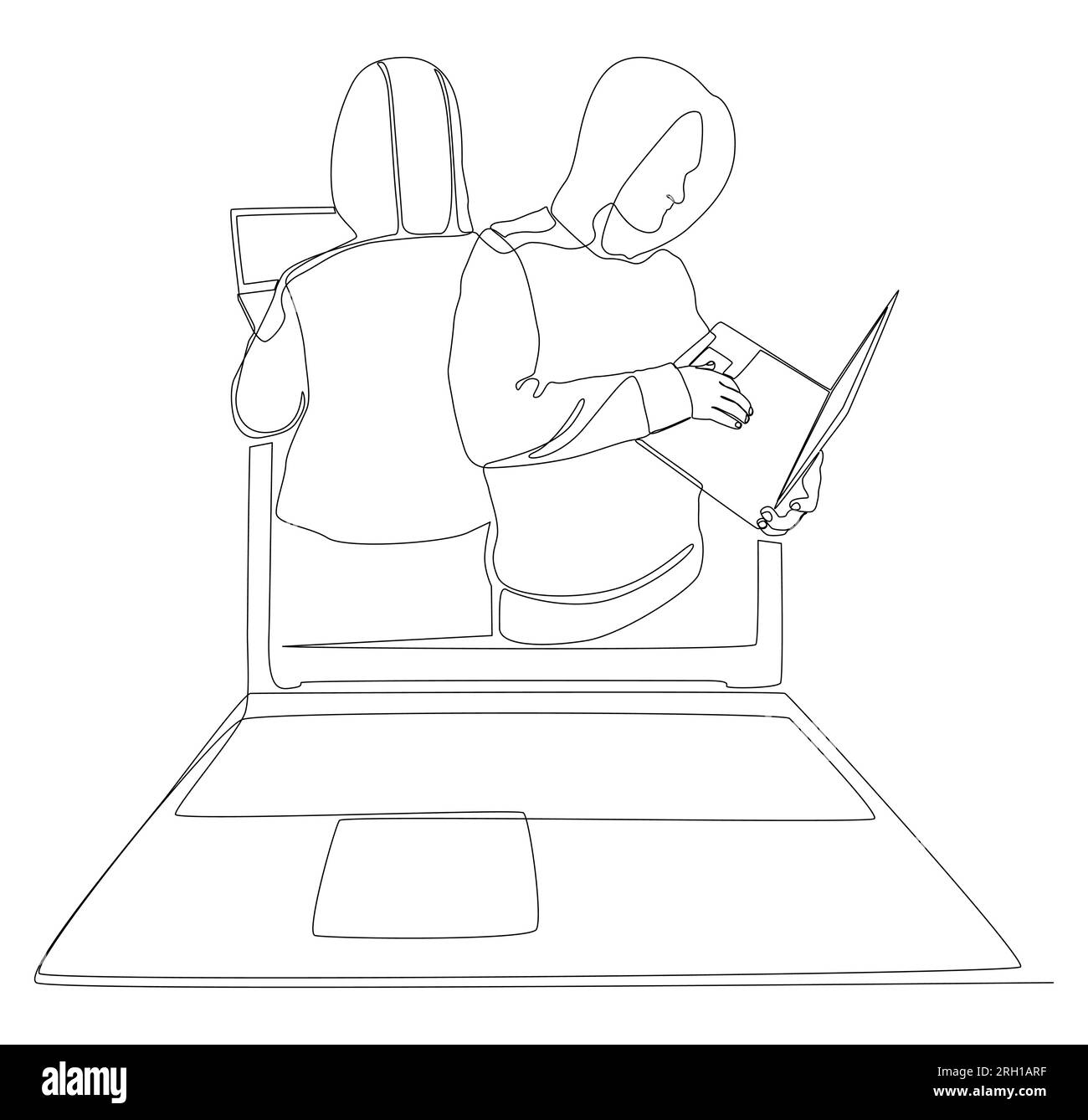 One continuous line of Laptop with Hacker. Thin Line Illustration ...