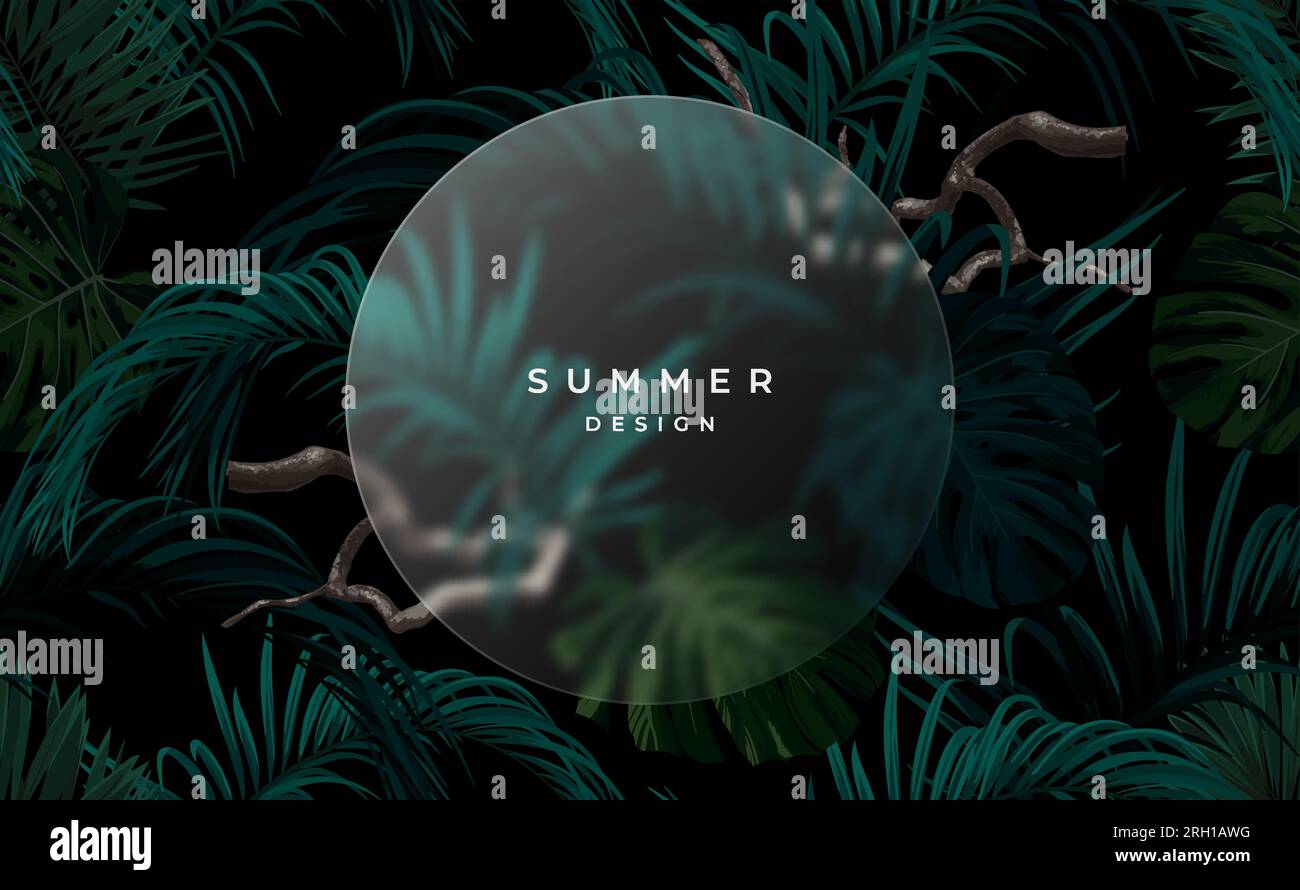 Dark tropical background with jungle plants, palm leaves and ...