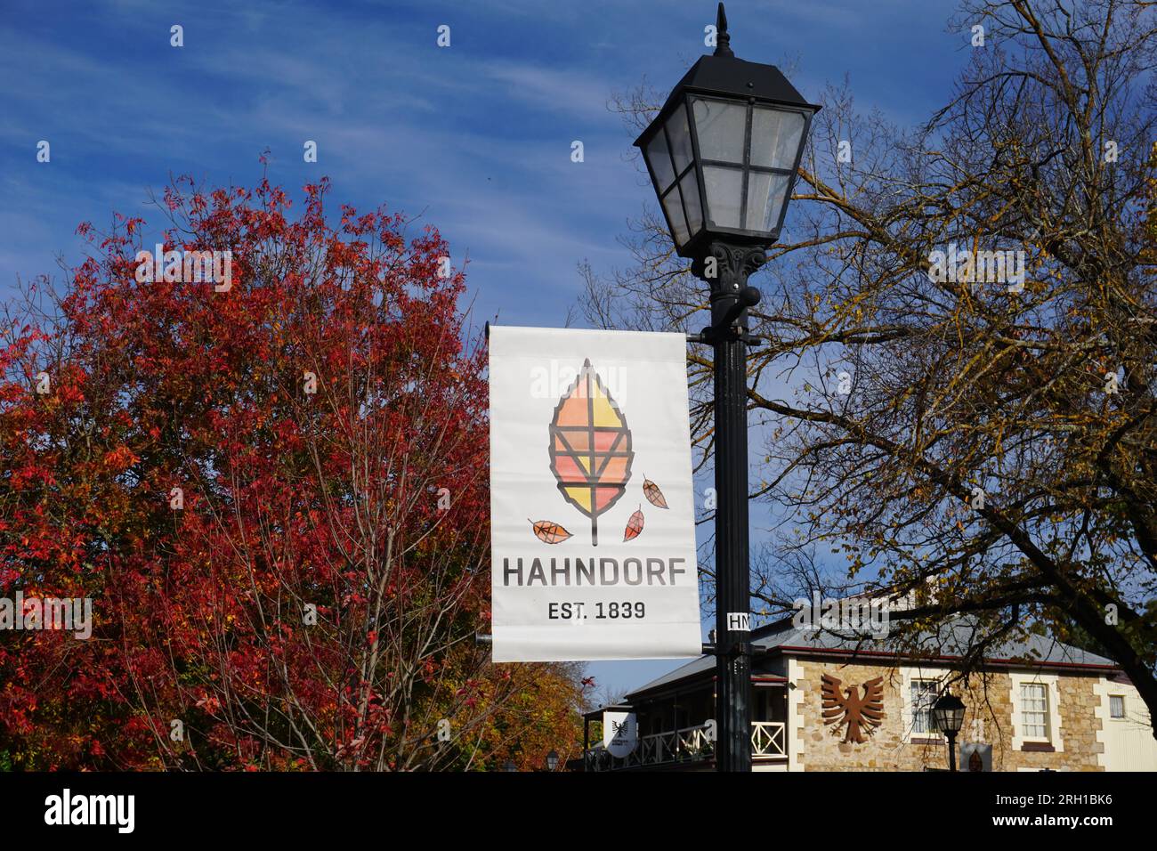 a sign reading Hahndorf on an historic lamp post (street light) in ...