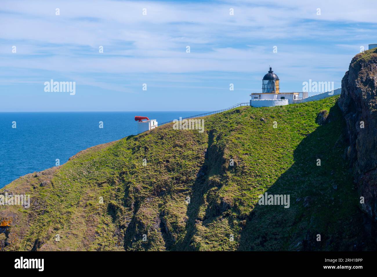 St. Abbs Lighthouse and coastal cliffs aerial view in summer near ...