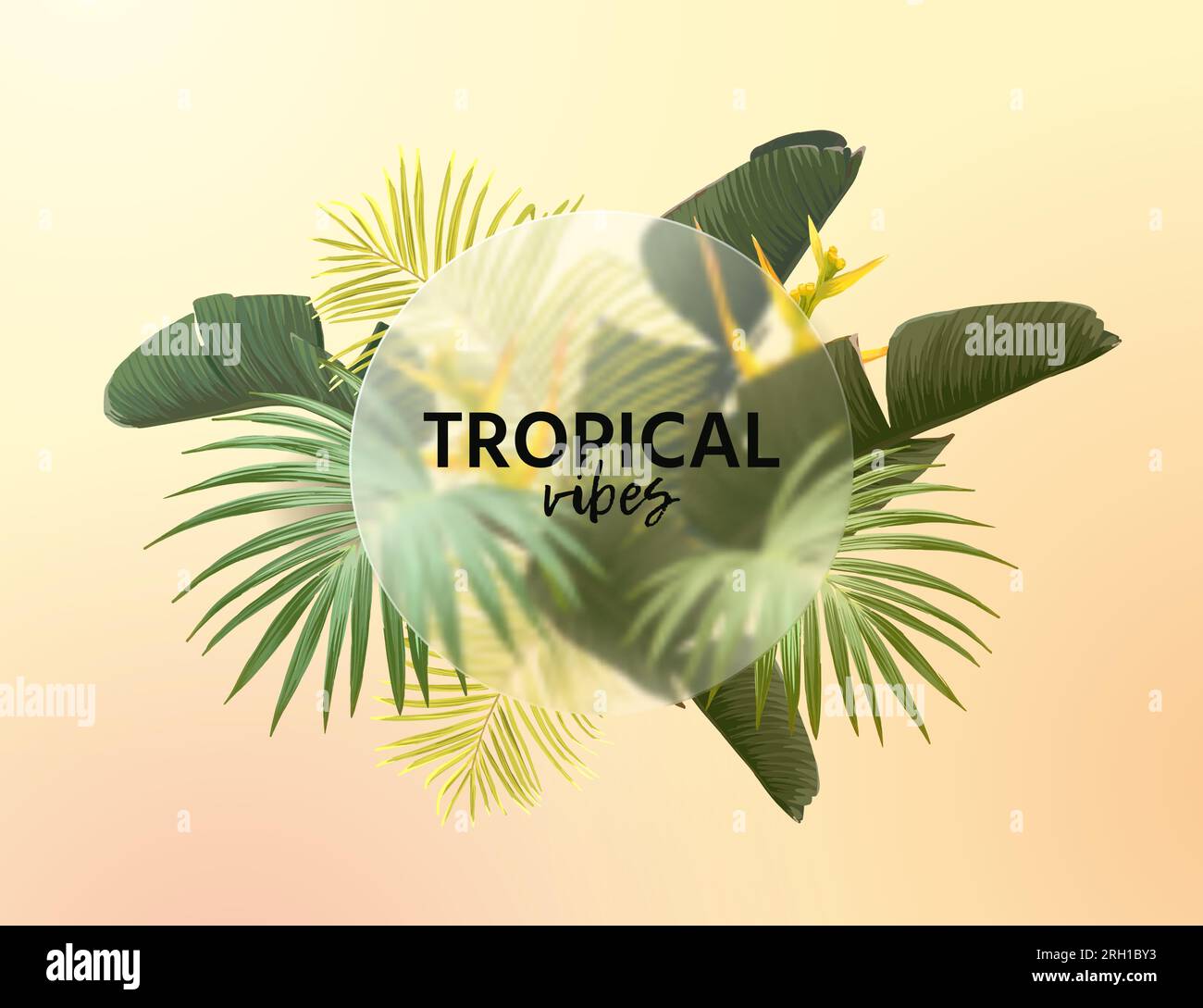 Tropical background with jungle plants, palm leaves and glassmorphism ...