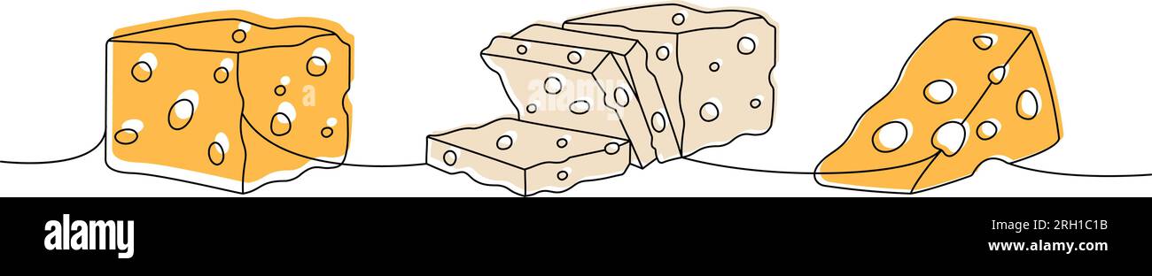 Set of cheese one line colored continuous drawing. Different types of ...
